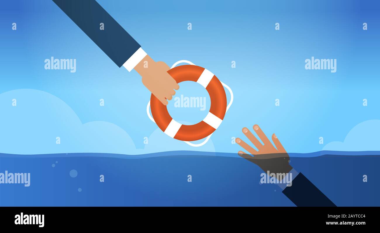 drowning businessmn hand in water getting lifebuoy from another ...