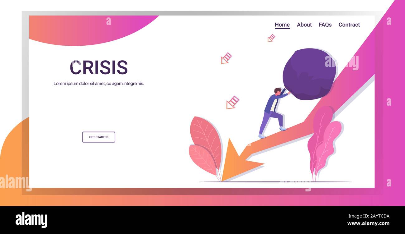 stressed businessman pushing up big debt stone economic arrow falling ...