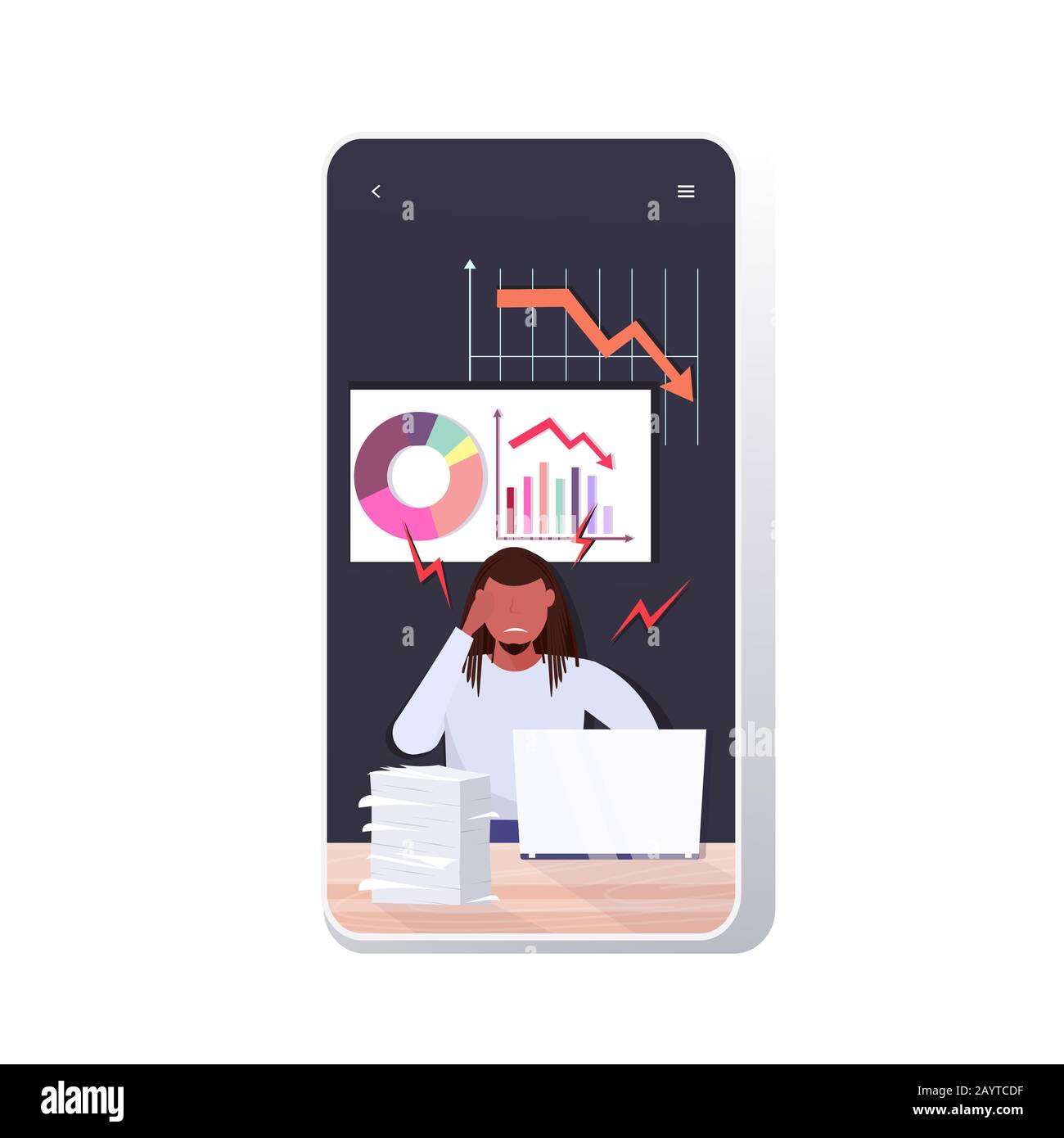 overworked businessman using laptop analyzing downward graph chart ...