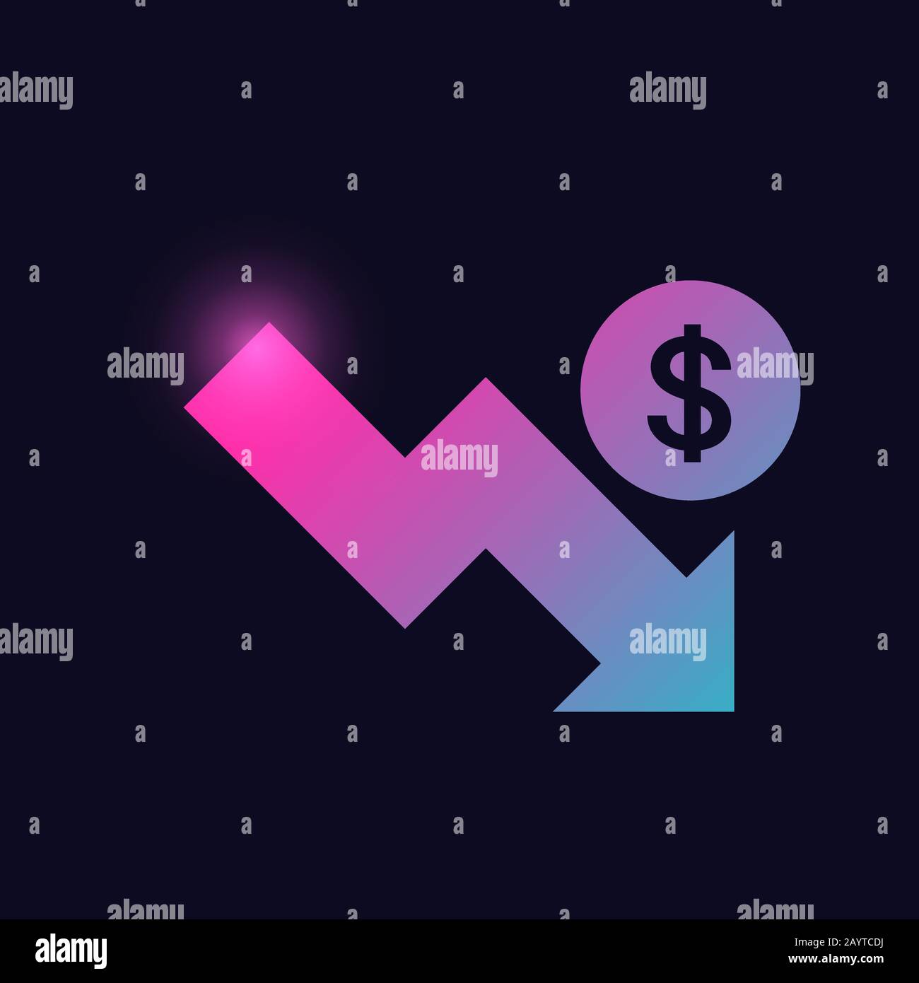 fall down economic arrow with dollar sign financial crisis glowing neon ...