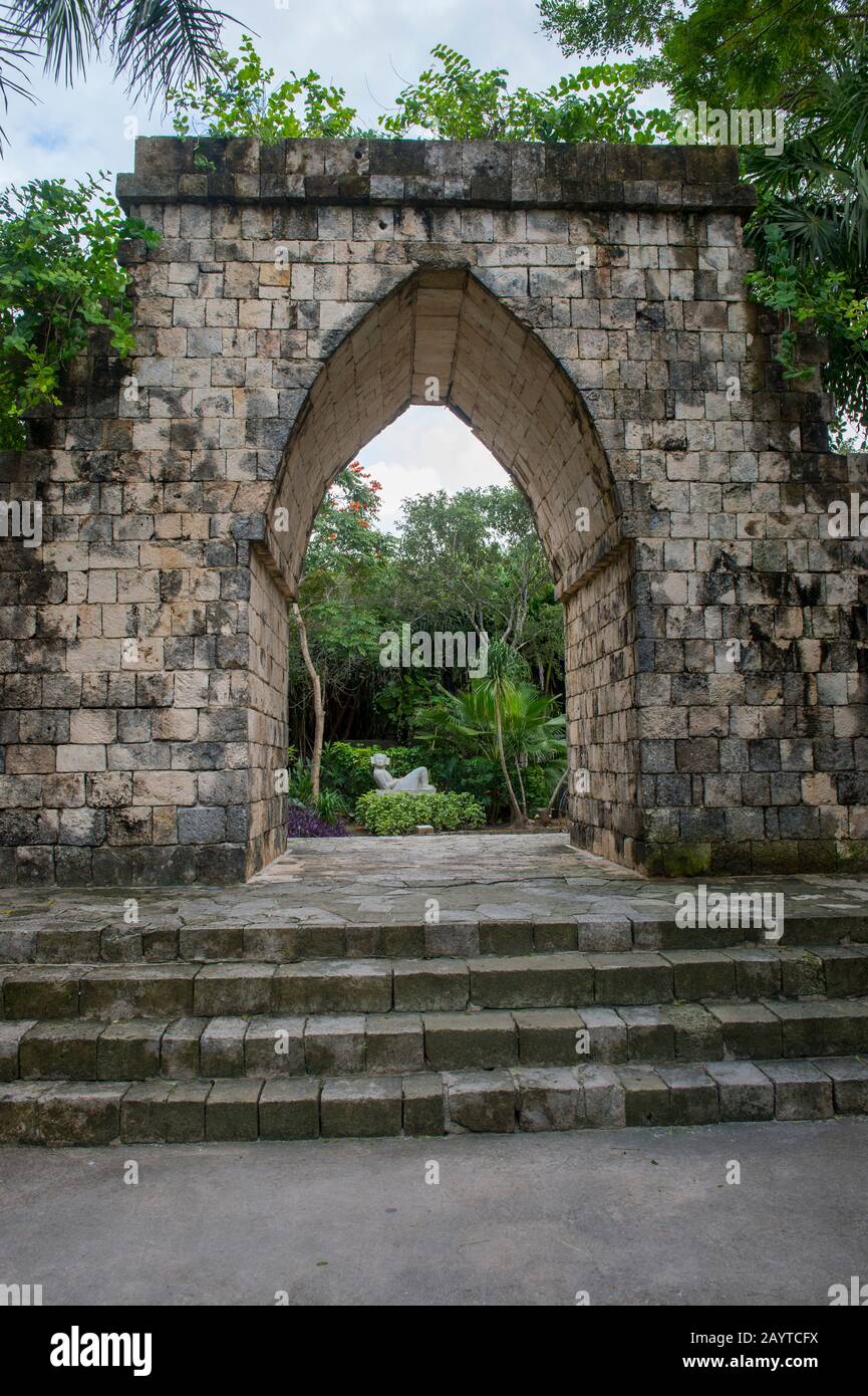 Archaeological pre-Colombian Mayan replica of a gateway arch from Labna ...