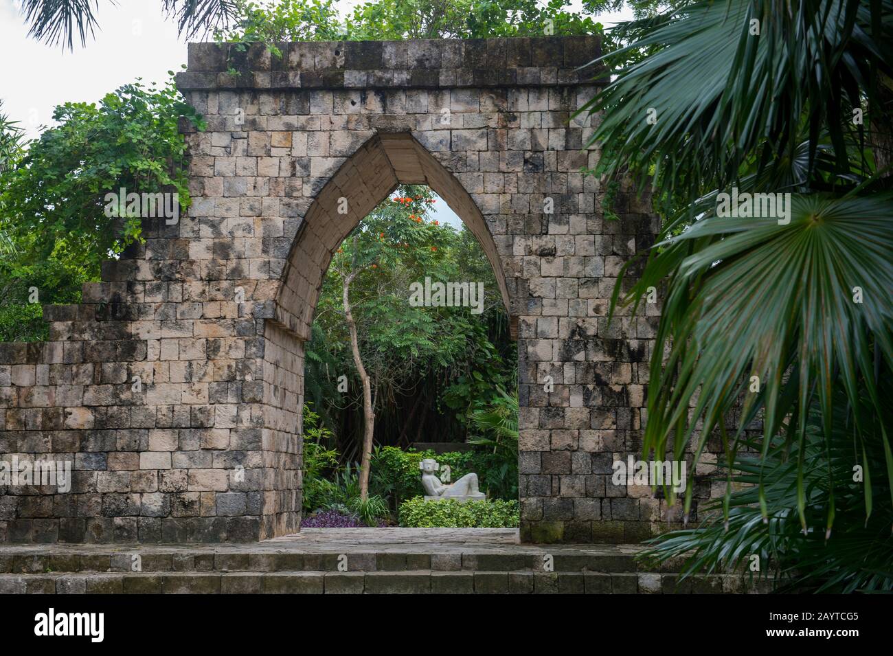 Archaeological pre-Colombian Mayan replica of a gateway arch from Labna ...