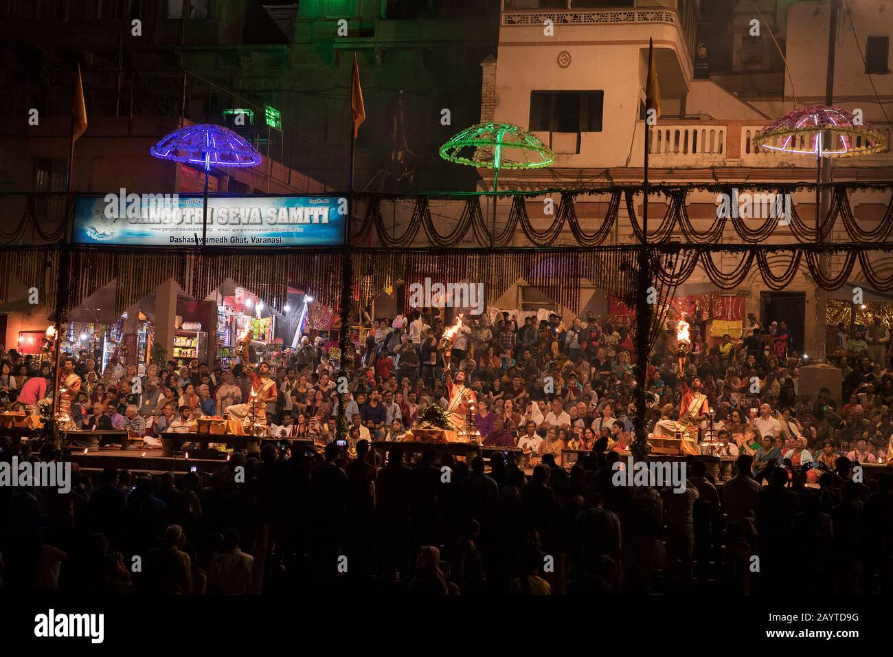 The image of Ganga Aarti at Ghats or holy steps of Varanasi, Ganges ...