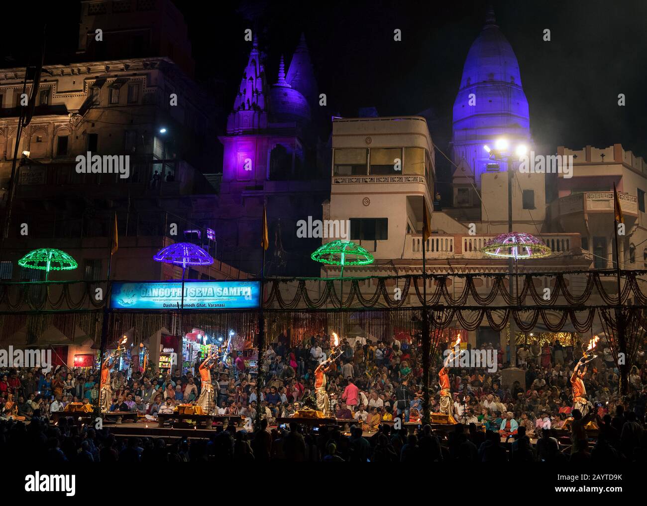 The image of Ganga Aarti at Ghats or holy steps of Varanasi; Ganges ...