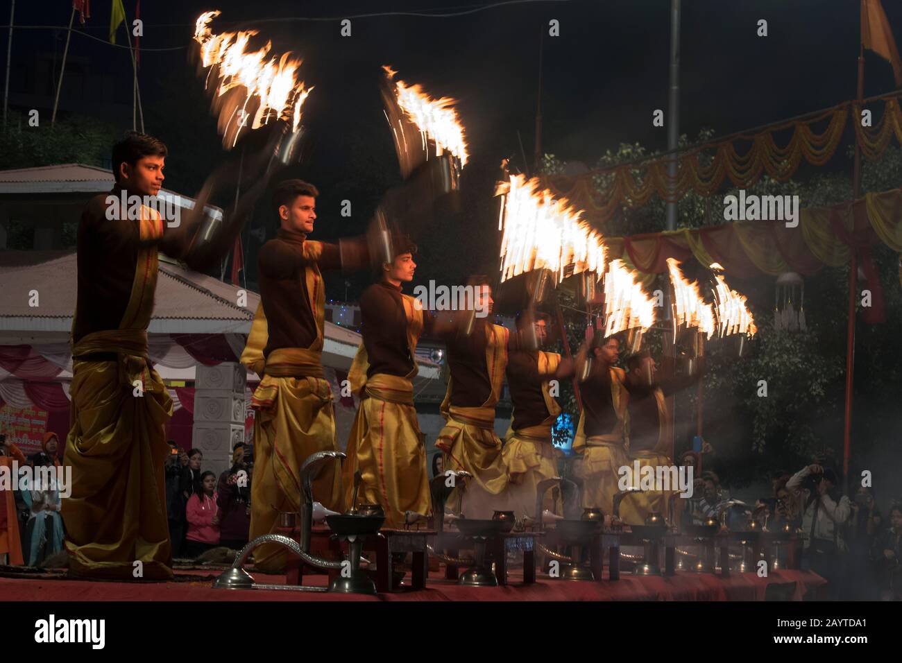 The image of Ganga Aarti at Ghats or holy steps of Varanasi, Ganges ...