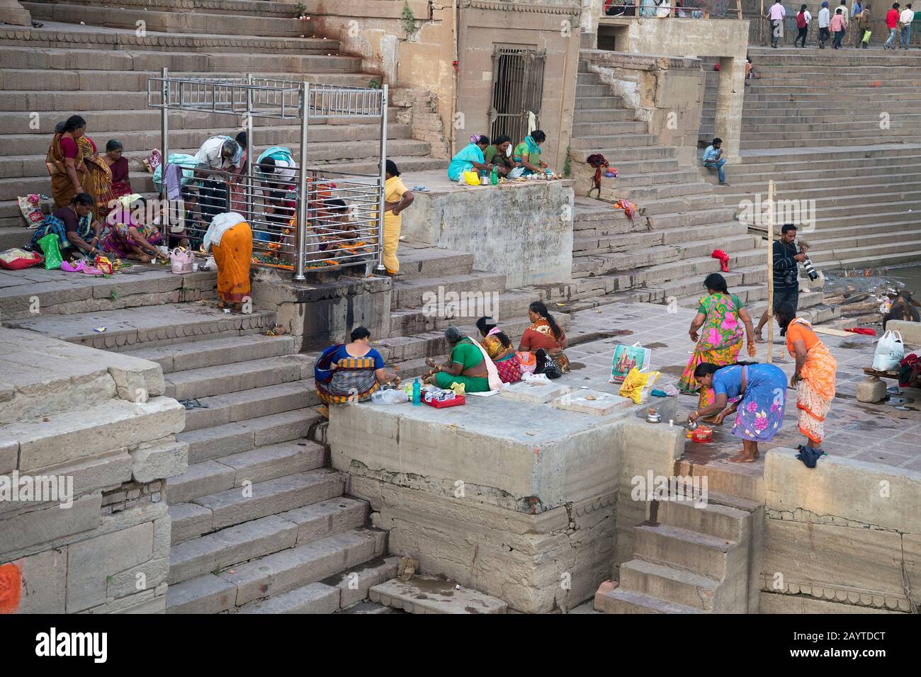 The image of Pilgrims at Ghats or holy steps of Varanasi; Ganges; Uttar ...