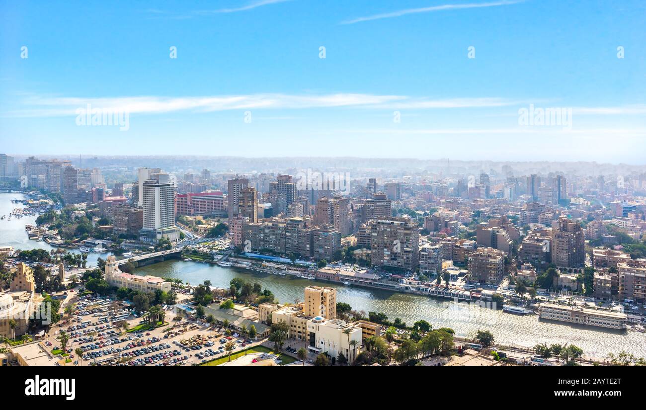 Downtown of Cairo on the bank of Nile river at sunset, Egypt Stock ...