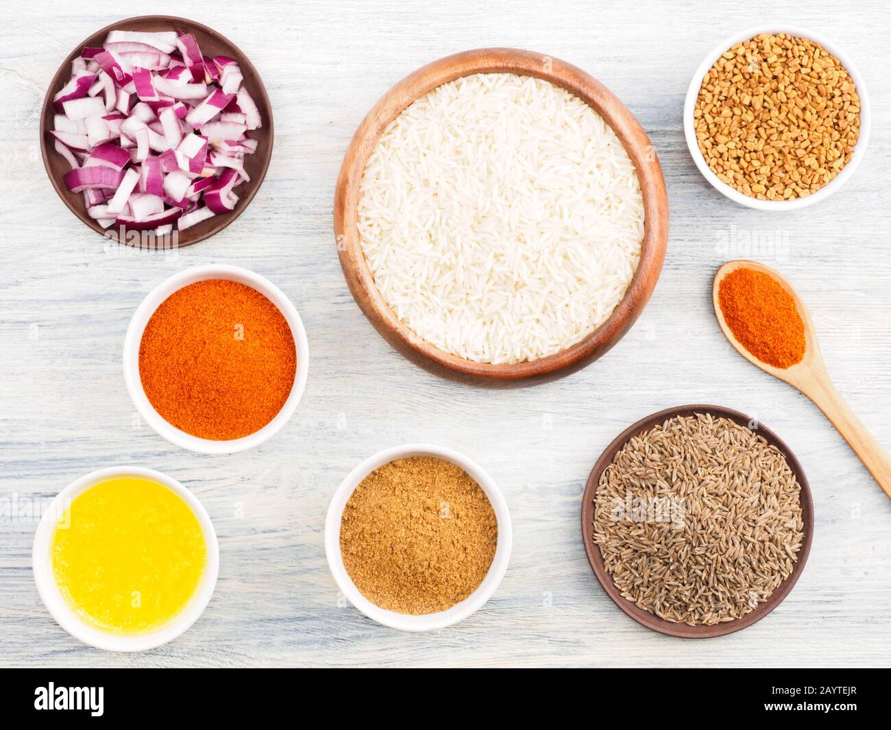 Ingredients for cooking basmati rice: butter, cumin (jeera), fenugreek ...