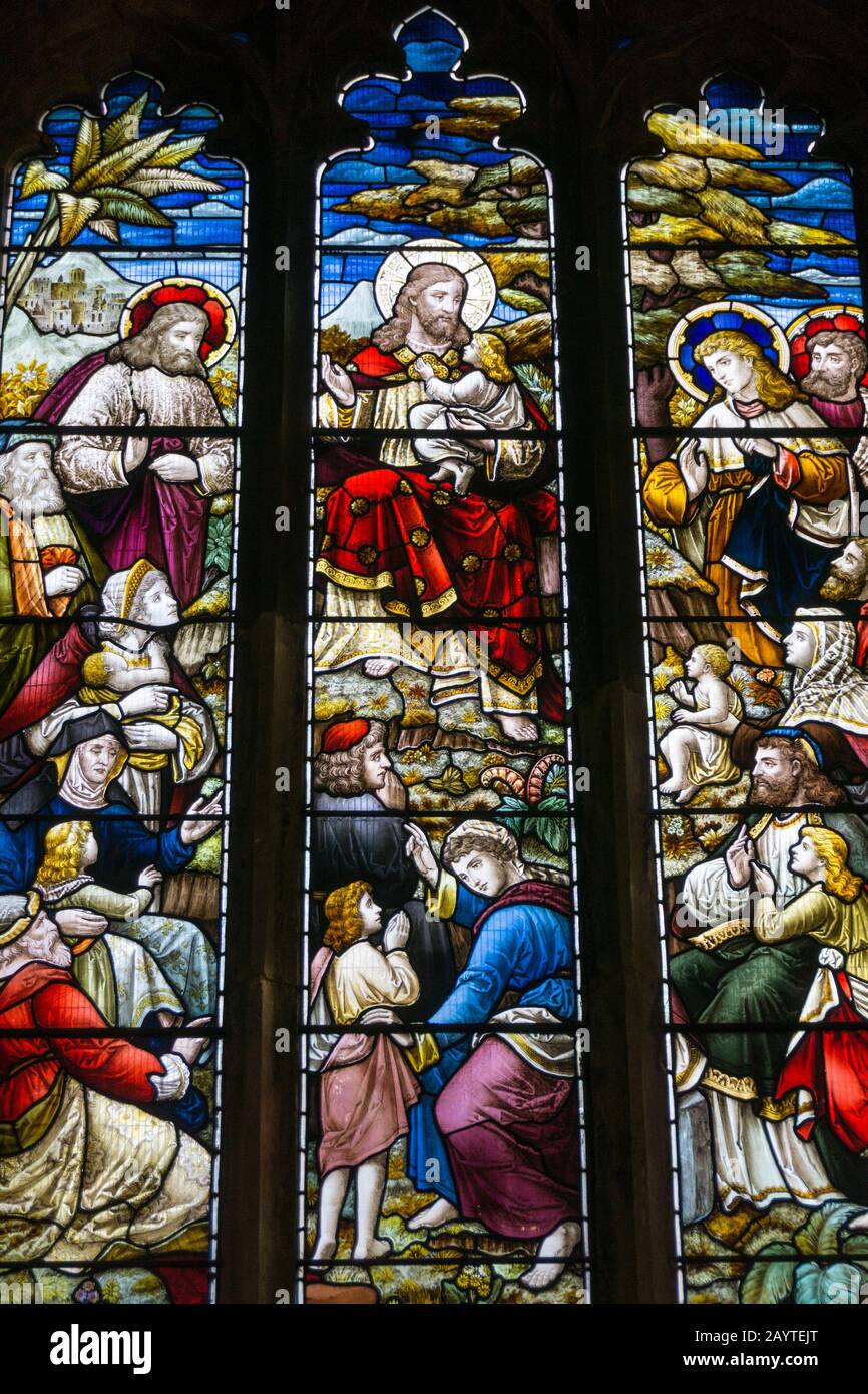 Stained glass window detail in the church of St Lawrence, Towcester ...