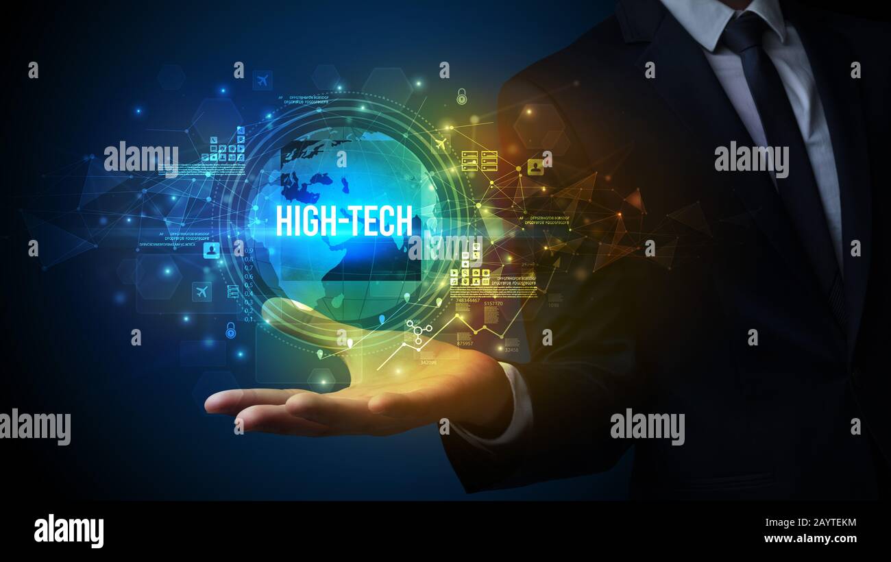 Elegant hand holding HIGH-TECH inscription, digital technology concept ...