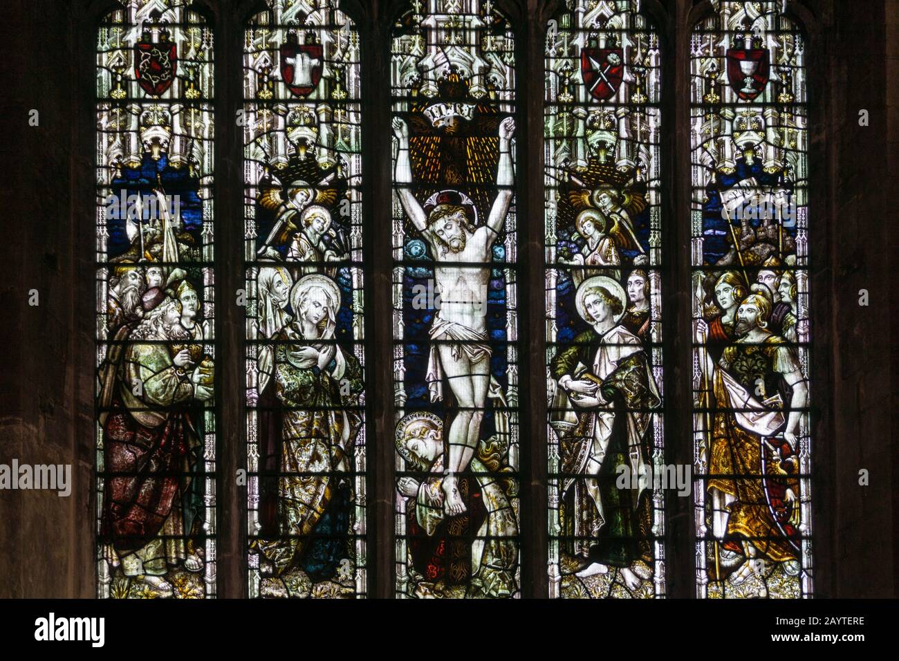 Stained glass window detail in the church of St Lawrence, Towcester ...