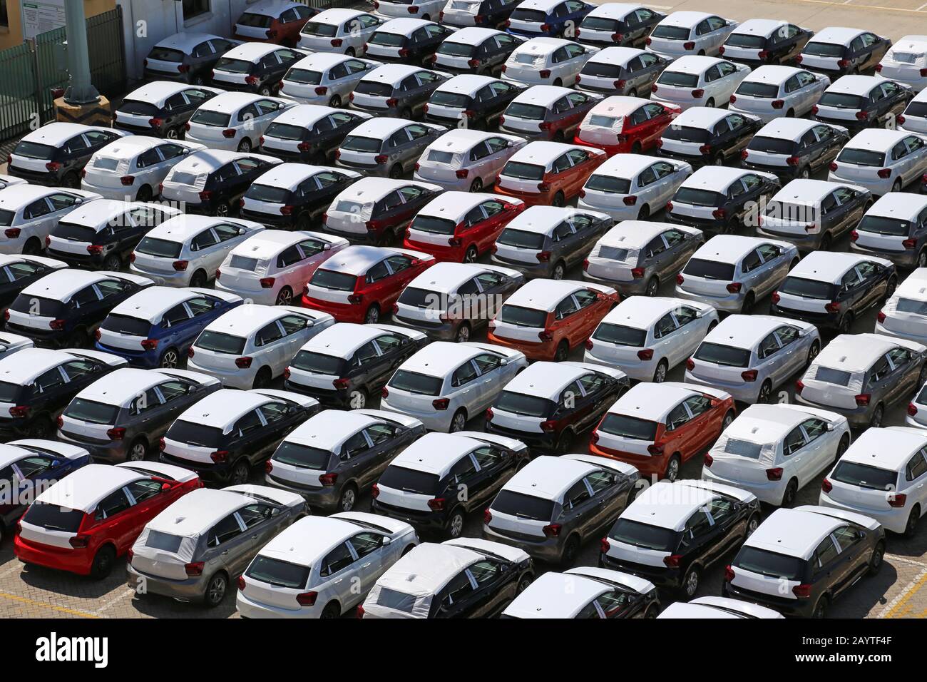 New Volkswagen Polo cars parked on dock quayside for shipping, Port ...