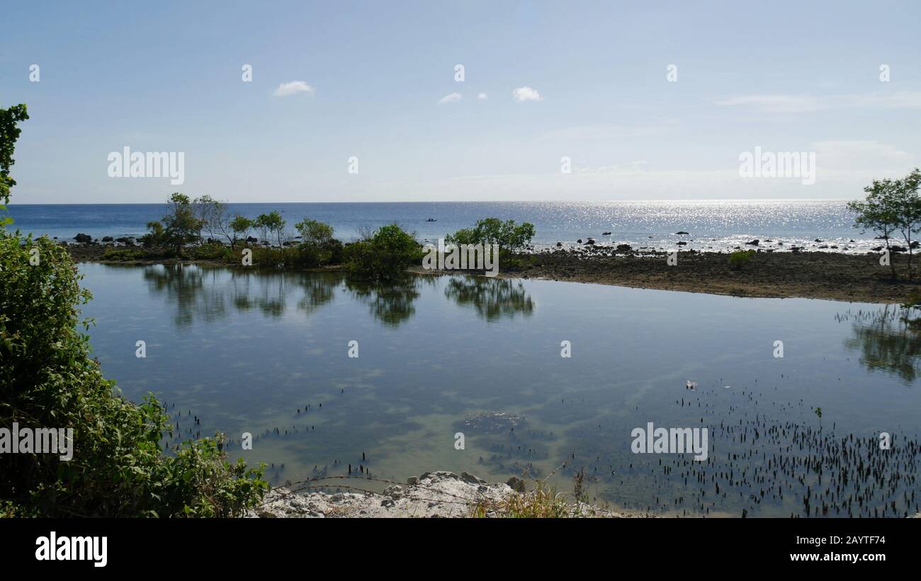 Small water inlet from seawater with the trees reflected in the water ...