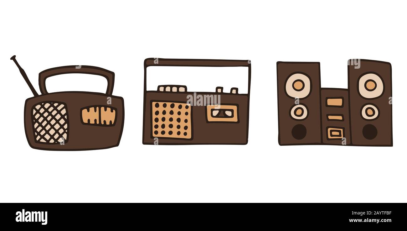 set of retro cartoon doodle radio and music system drawing over white ...