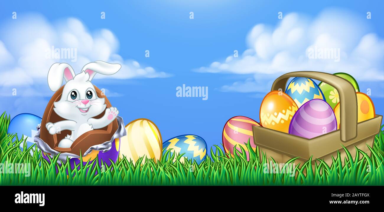 Easter Bunny Rabbit Breaking Chocolate Egg Scene Stock Vector Image ...