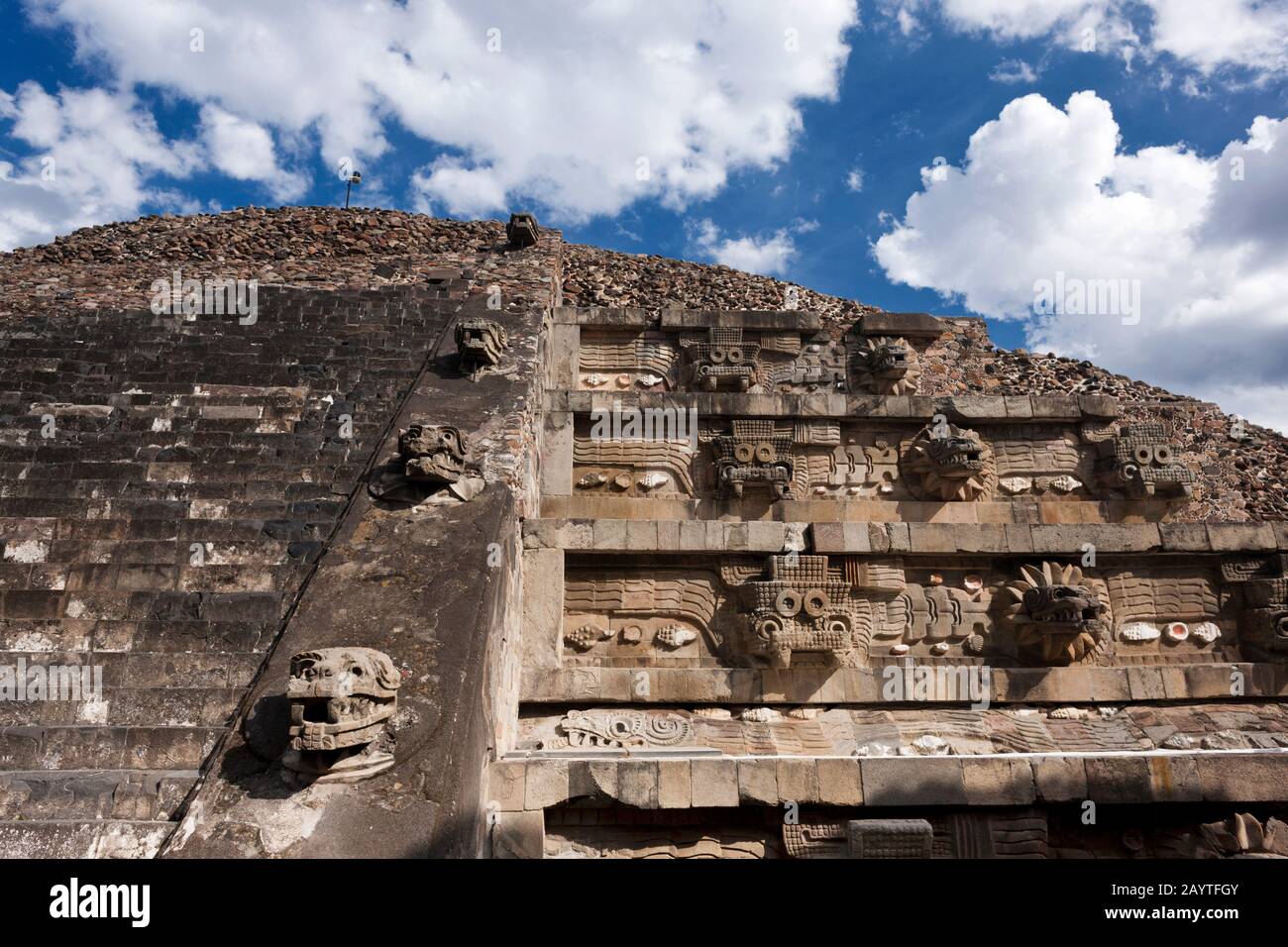 The temple of Quetzalcoatl, with Serpent heads and Tlaloc heads ...