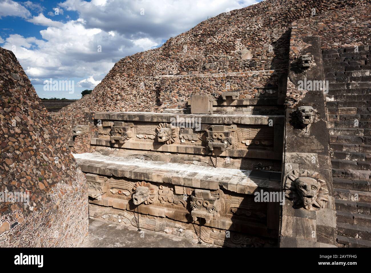 The temple of Quetzalcoatl, with Serpent heads and Tlaloc heads ...