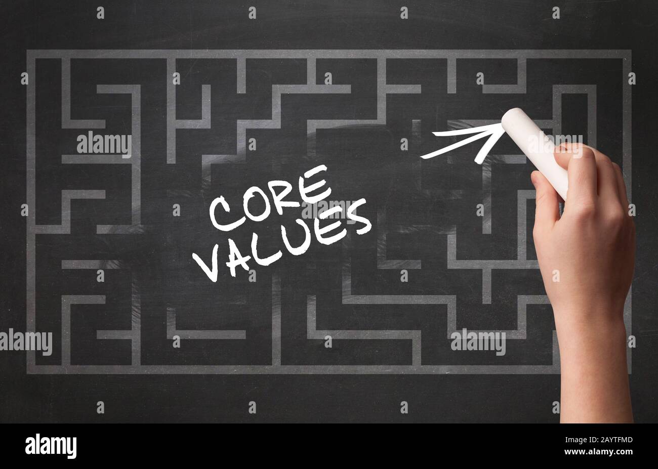 Hand drawing CORE VALUES inscription with white chalk on blackboard ...