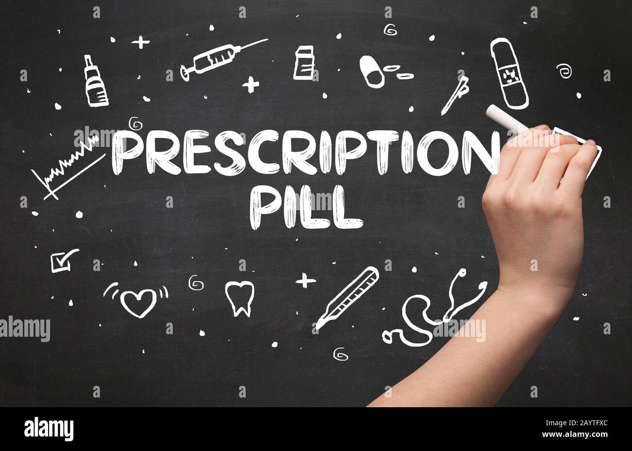 Hand drawing PRESCRIPTION PILL inscription with white chalk on ...
