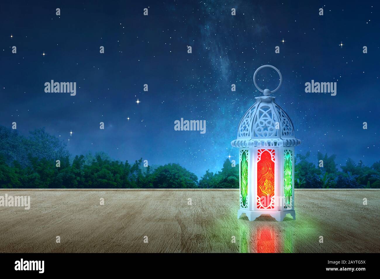 Arabic lamp with colorful light on wooden table with night scene ...