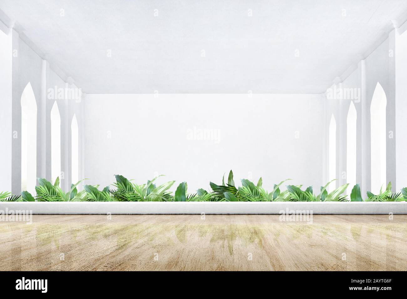 Mosque terrace with wooden floor and green plants with white wall ...