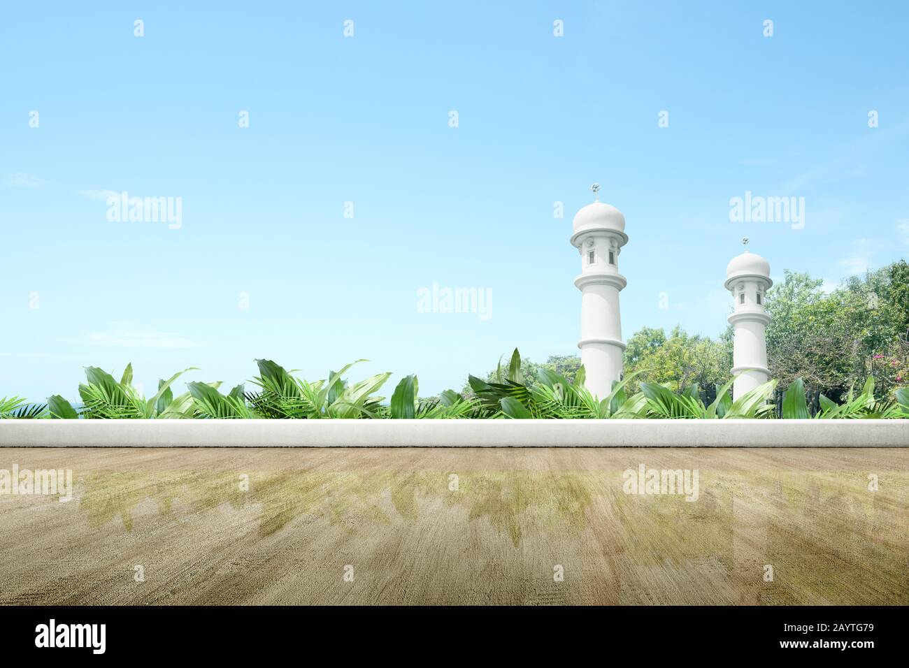 Mosque terrace with wooden floor and green plants with a blue sky ...