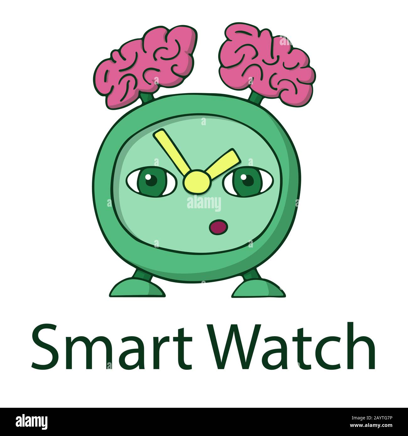 green old alarm clock with brains on the head instead of a bell. smart ...