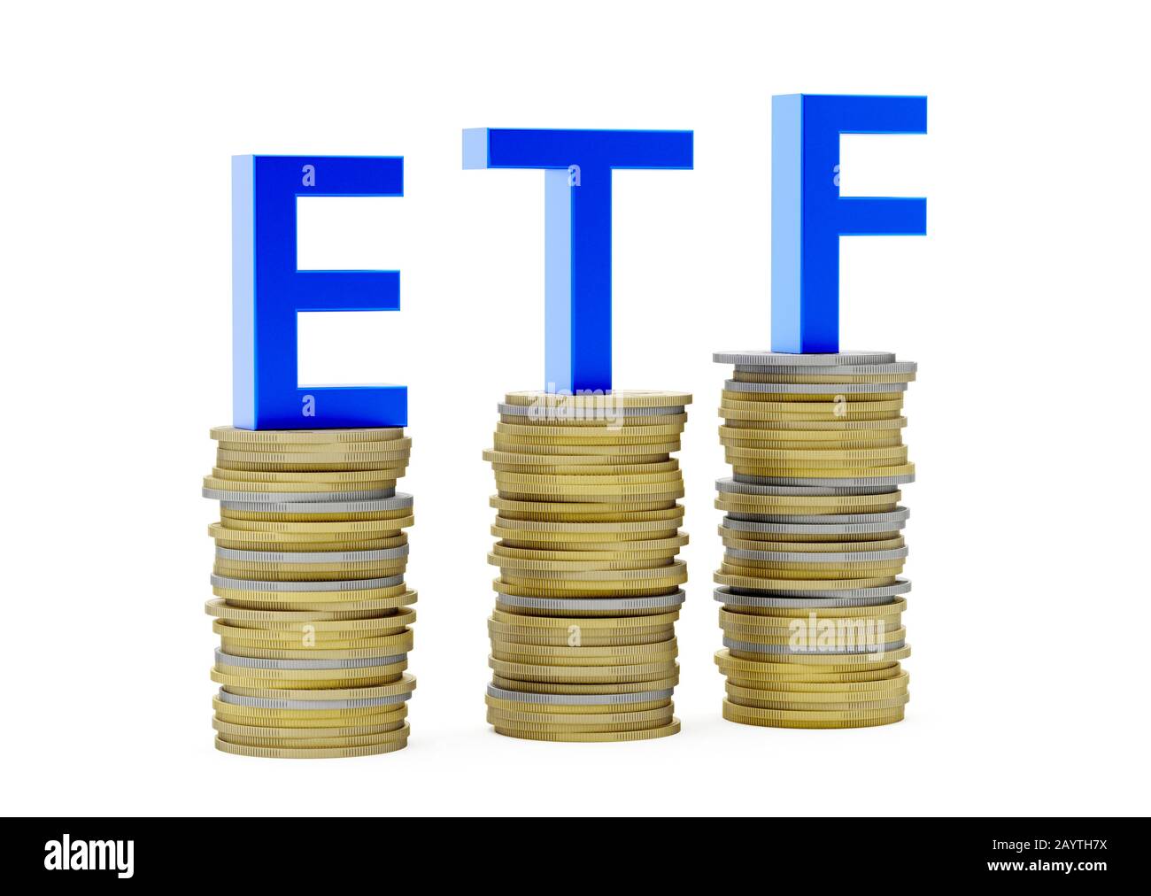 ETF - exchange traded funds - acronym on stacks of coins over white ...