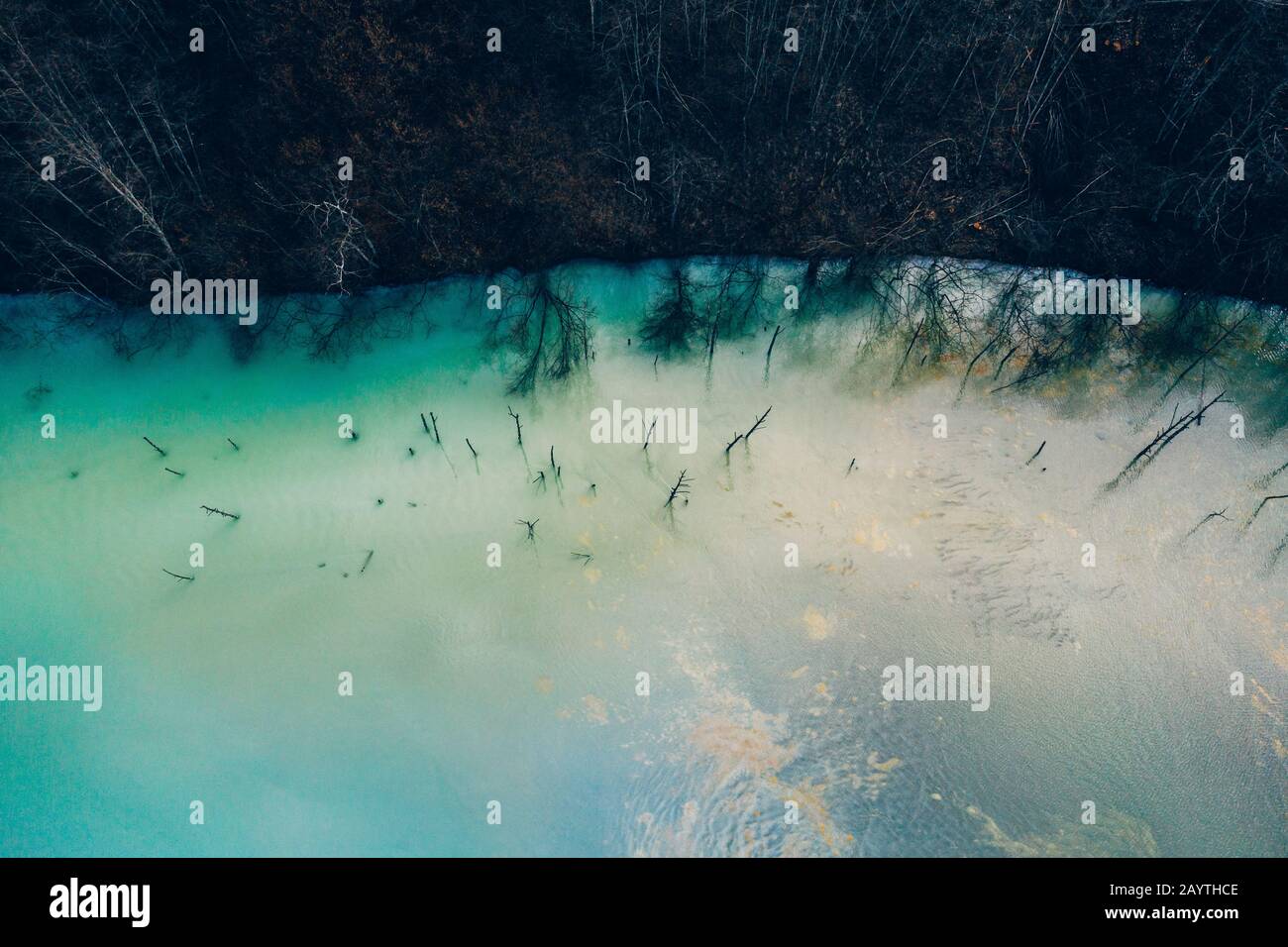 Drone view of contaminated, toxic water stream in Geamana, Romania ...
