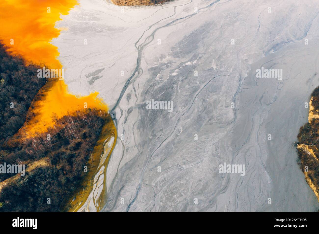 Drone view of contaminated, toxic water stream in Geamana, Romania ...