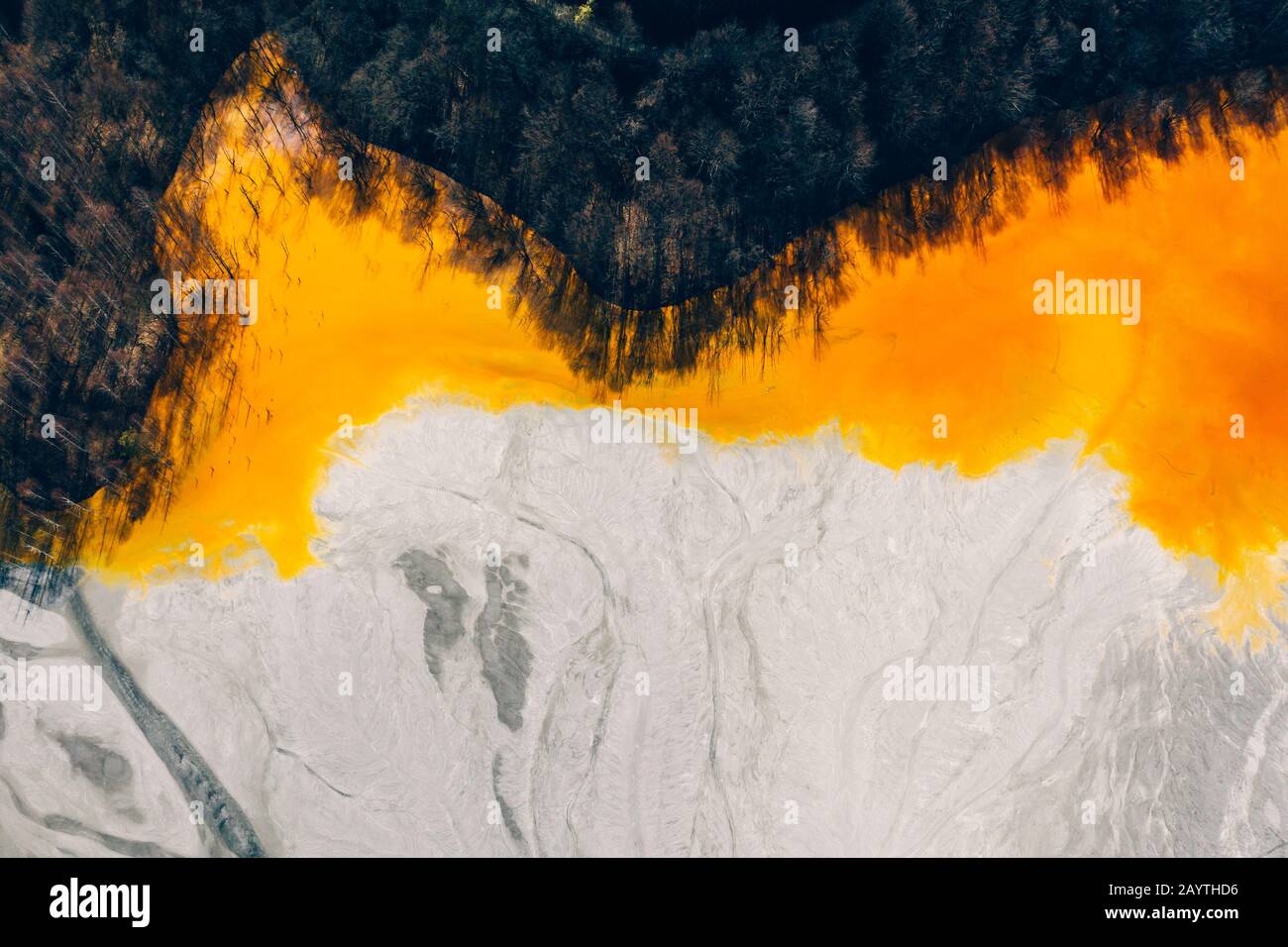 Drone view of contaminated, toxic water stream in Geamana, Romania ...
