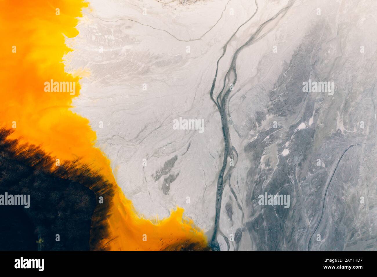 Drone view of contaminated, toxic water stream in Geamana, Romania ...