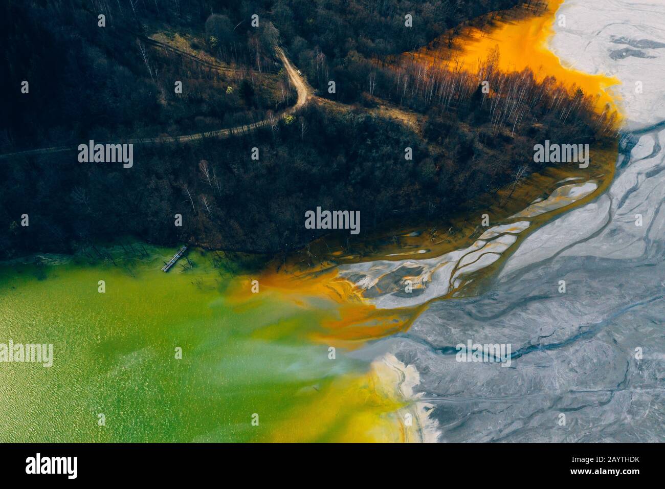 Drone view of contaminated, toxic water stream in Geamana, Romania ...