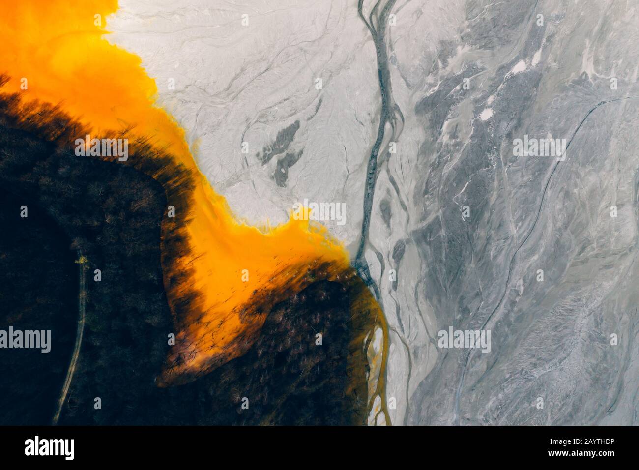 Drone view of contaminated, toxic water stream in Geamana, Romania ...