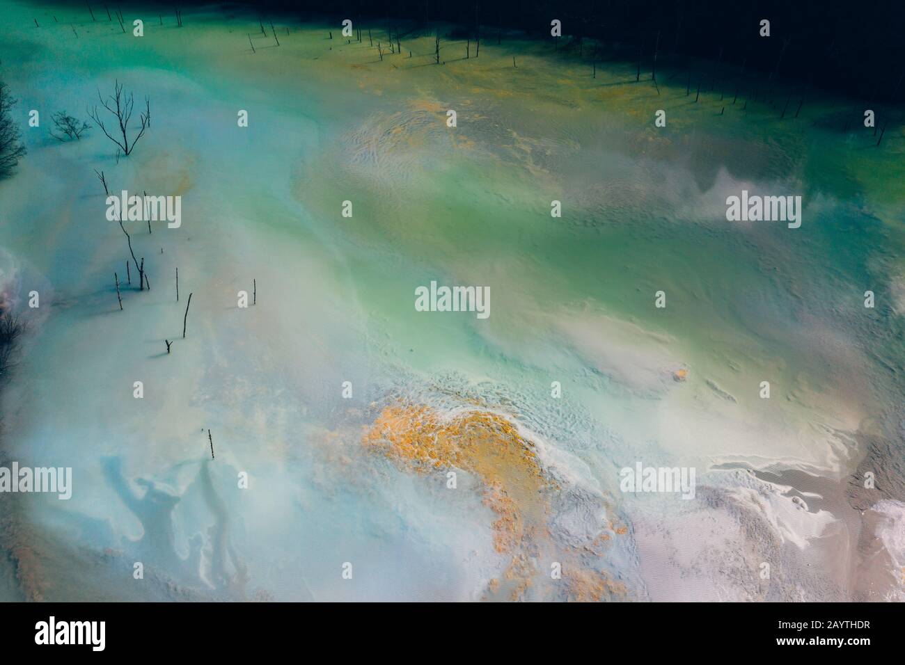 Drone view of contaminated, toxic water stream in Geamana, Romania ...