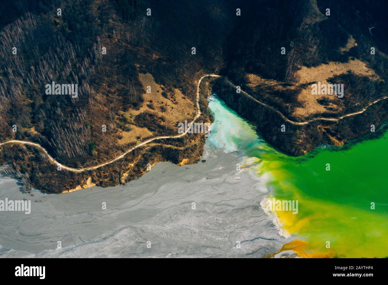 Drone view of contaminated, toxic water stream in Geamana, Romania ...