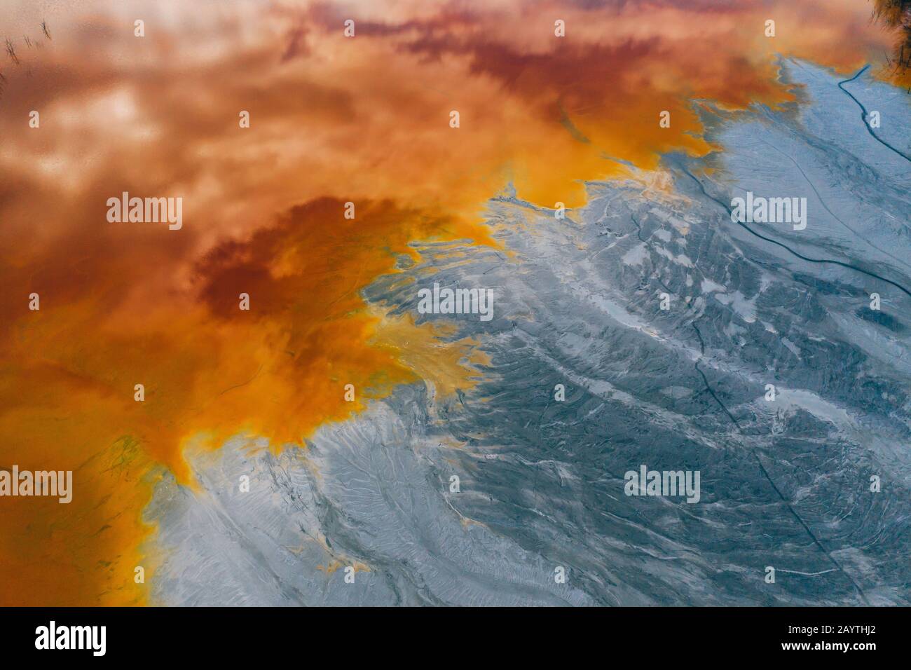 Drone view of contaminated, toxic water stream in Geamana, Romania ...
