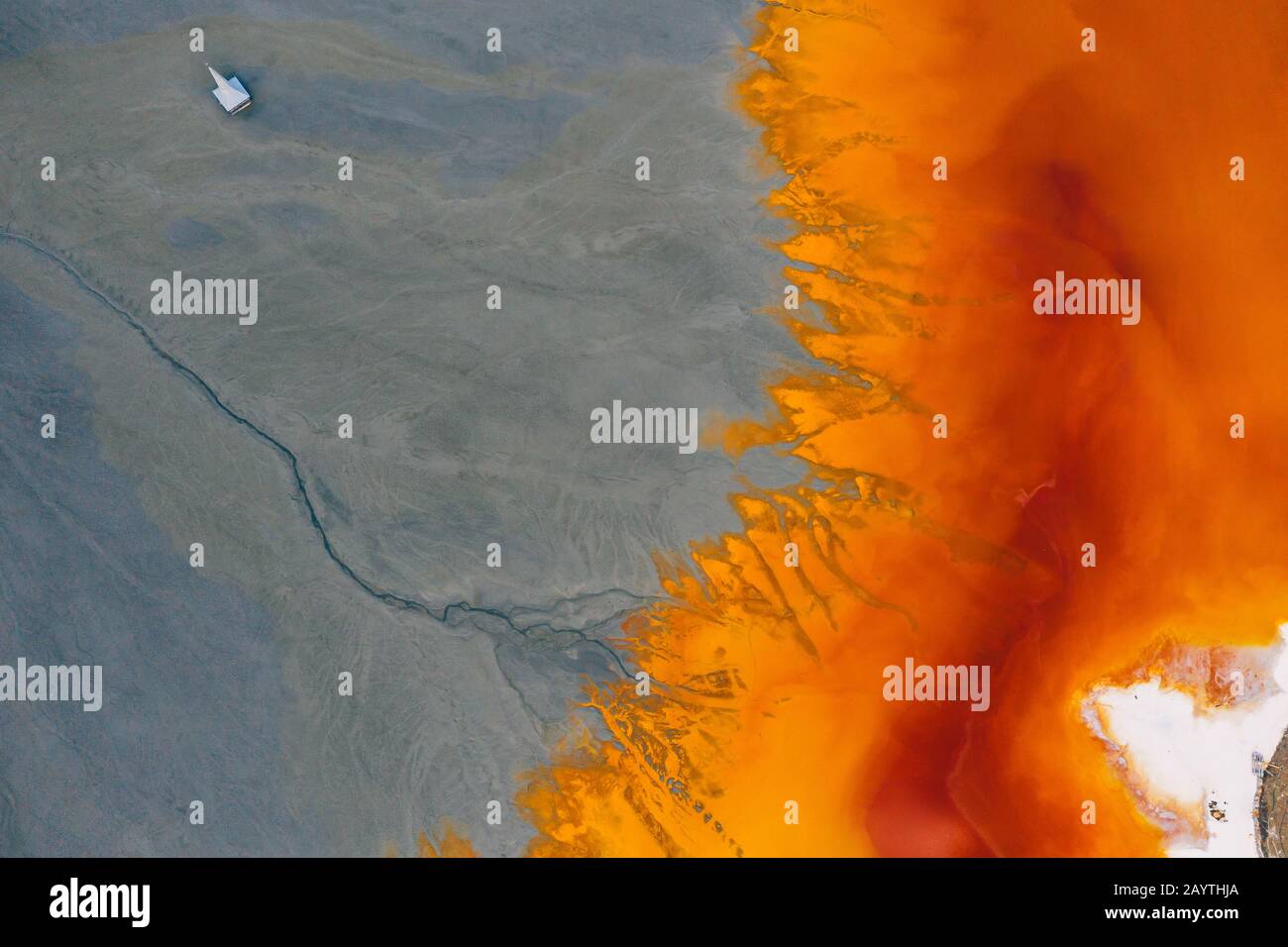 Drone view of contaminated, toxic water stream in Geamana, Romania ...