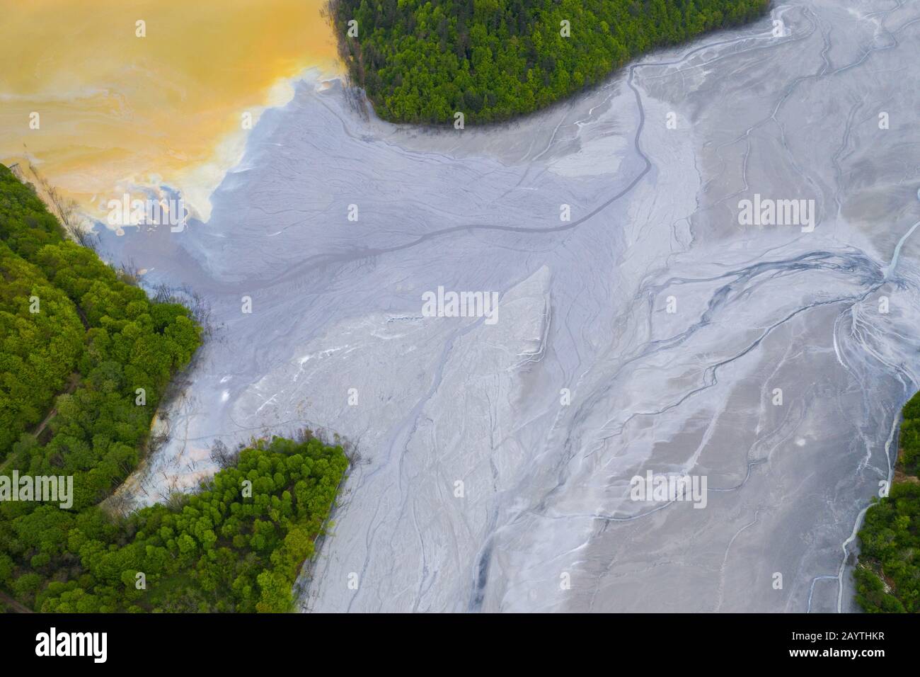 Drone view of contaminated, toxic water stream in Geamana, Romania ...