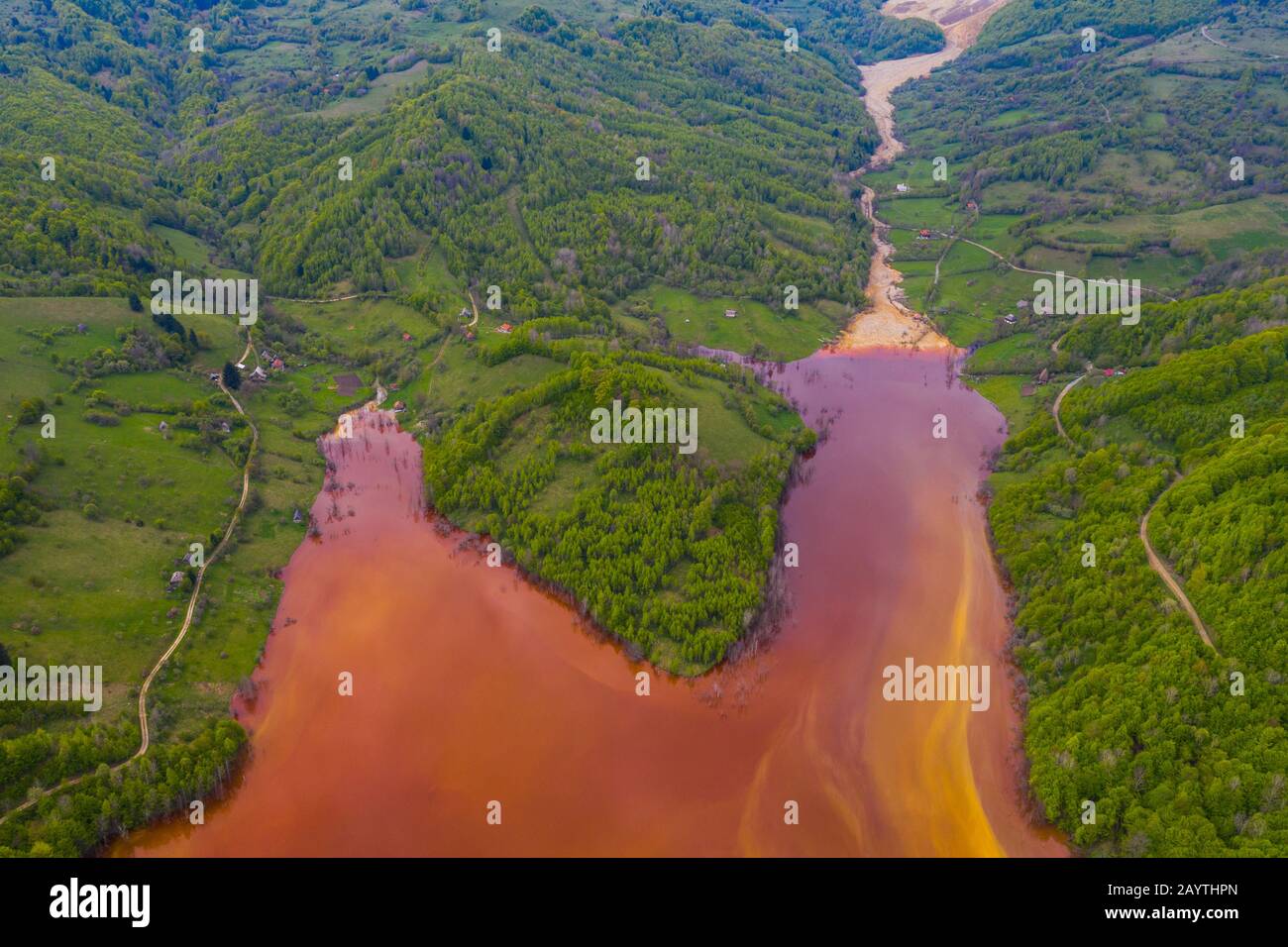 Drone view of contaminated, toxic water stream in Geamana, Romania ...