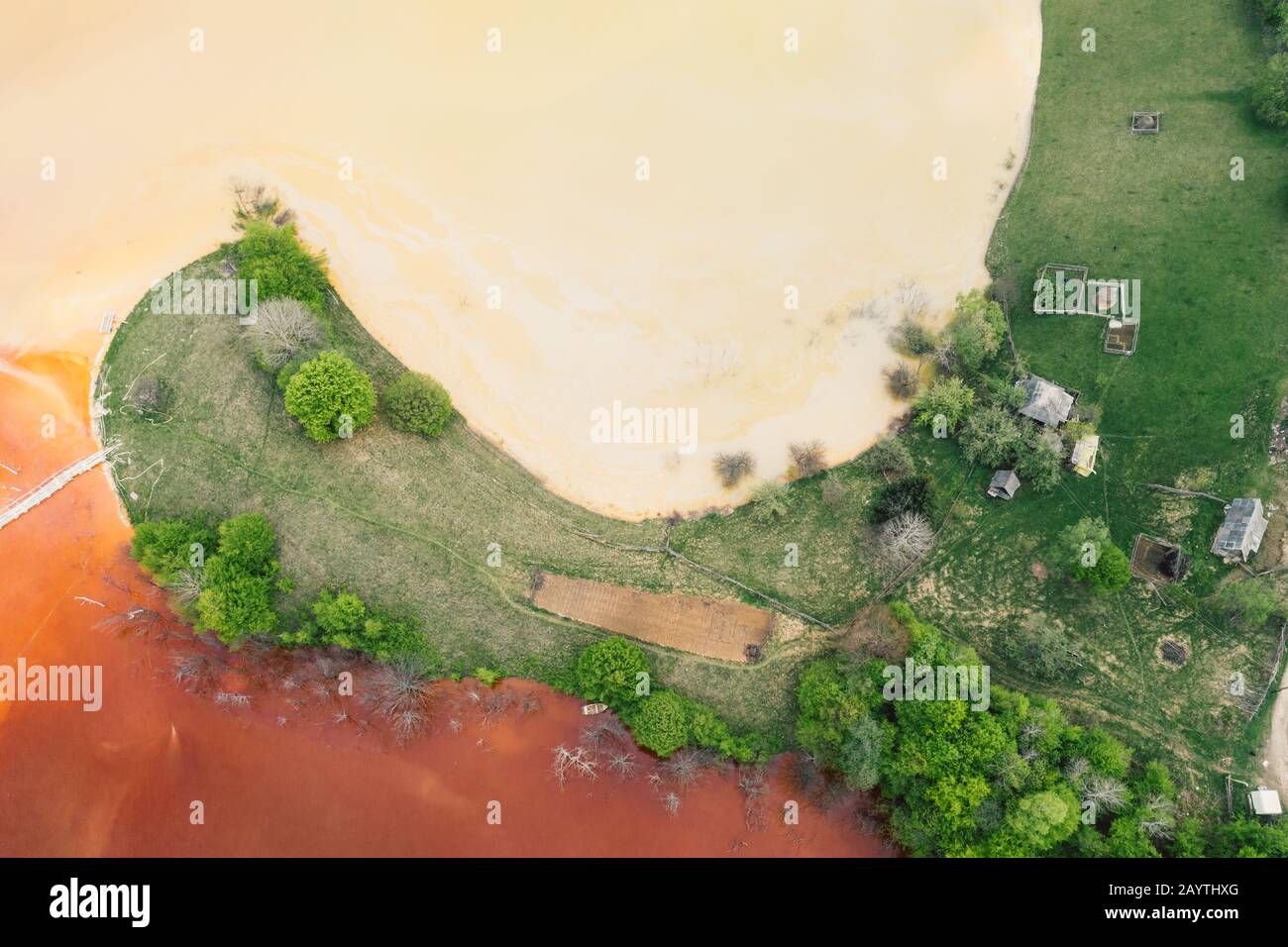 Drone view of contaminated, toxic water stream in Geamana, Romania ...