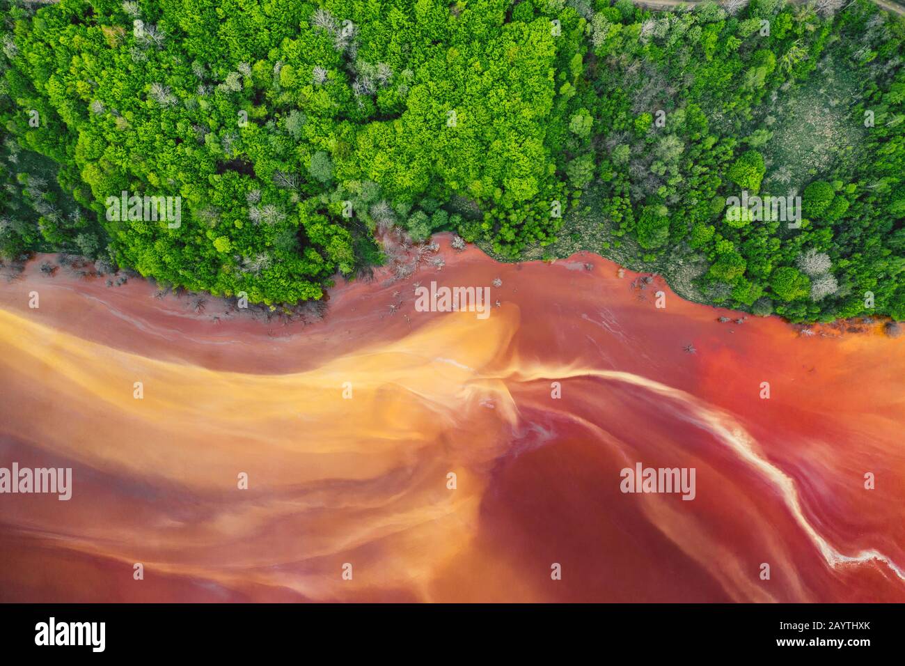 Drone view of contaminated, toxic water stream in Geamana, Romania ...