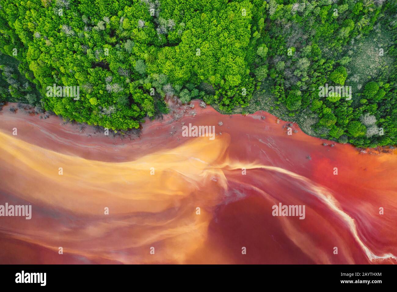 Drone view of contaminated, toxic water stream in Geamana, Romania ...