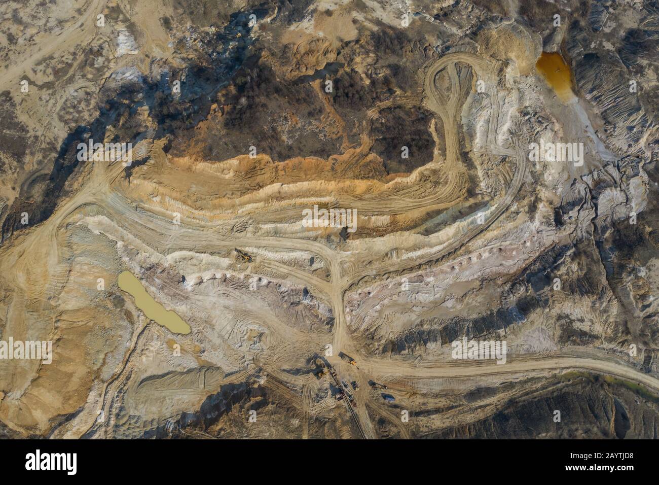 Aerial view of an open mine pit. Exploitation and nature pollution ...