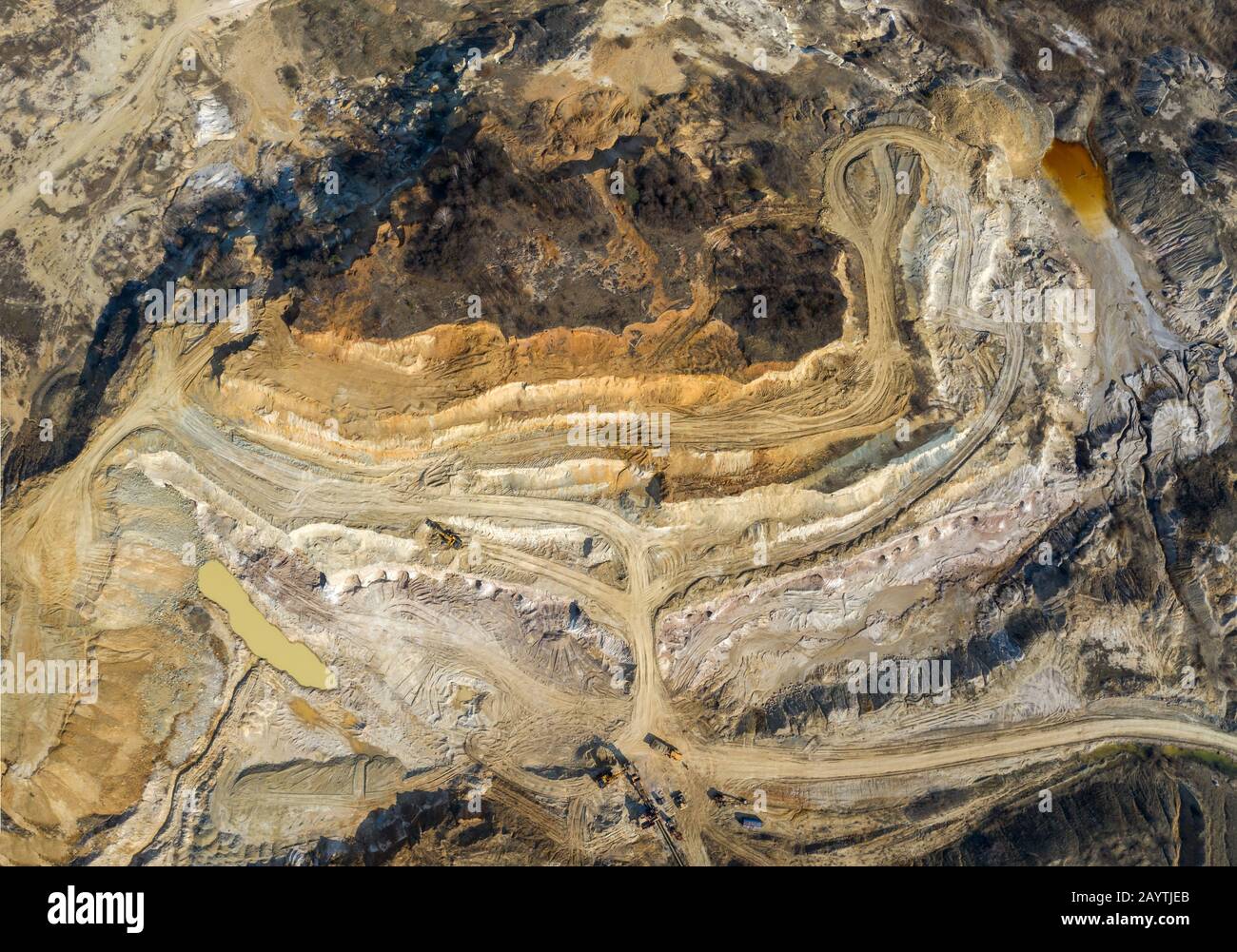 Aerial view of an open mine pit. Exploitation and nature pollution ...