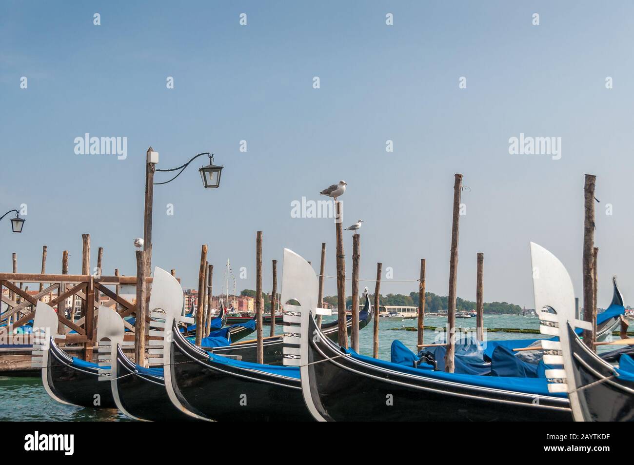 Traditional Venetian black and blue gondolas at pier. Travel Italy ...