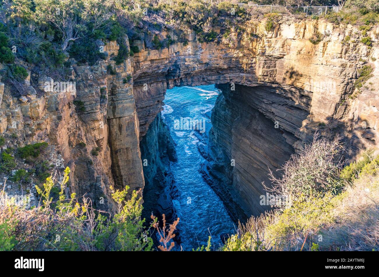 The view of rock bridge of the Tasman Arch and ocean. Eaglehawk Neck ...