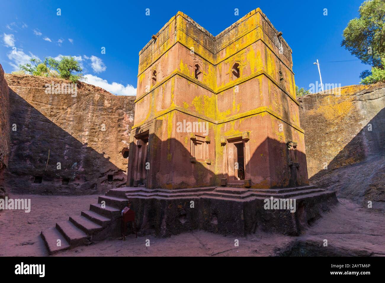 Low angle view of the Rock-Hewn Church Bete Giyorgis in Lalibela ...