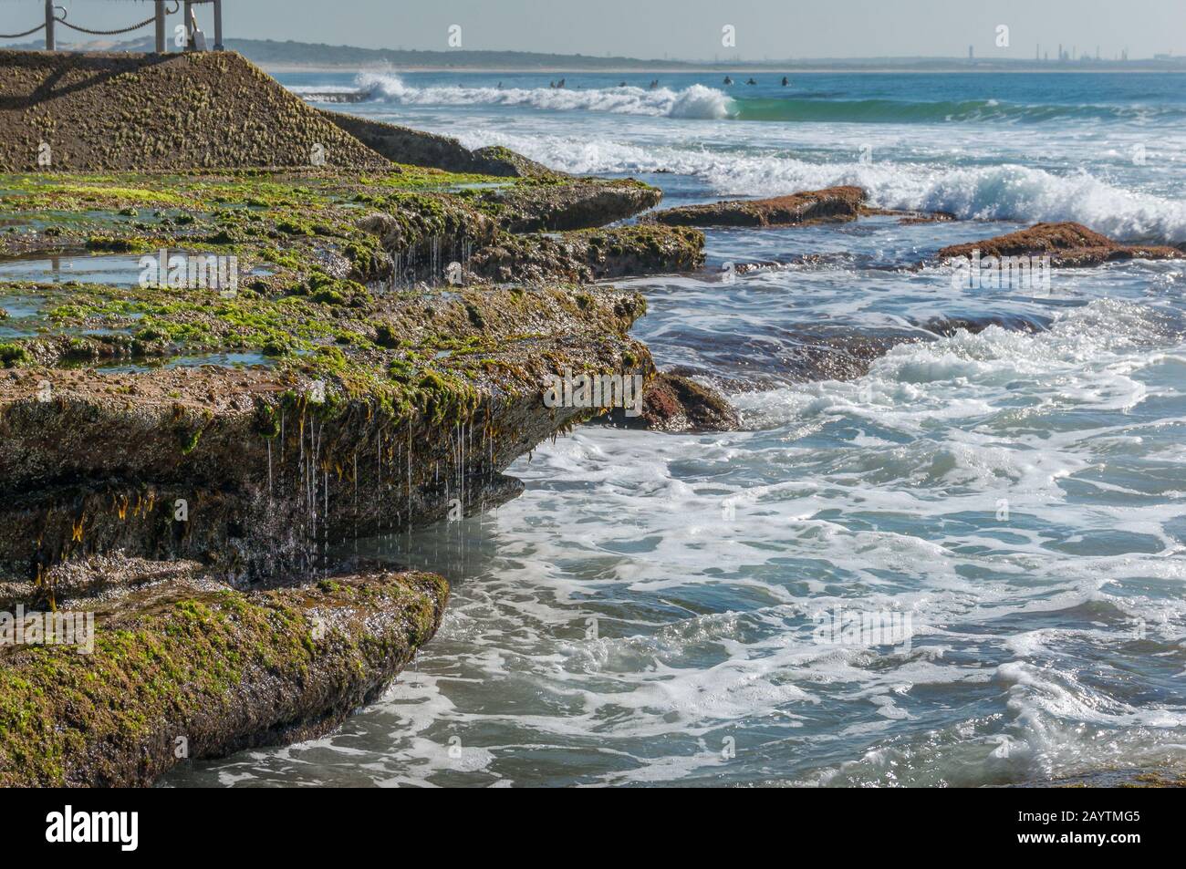 Close up of ocean rock, cliff with waves, summer nature coastal ...