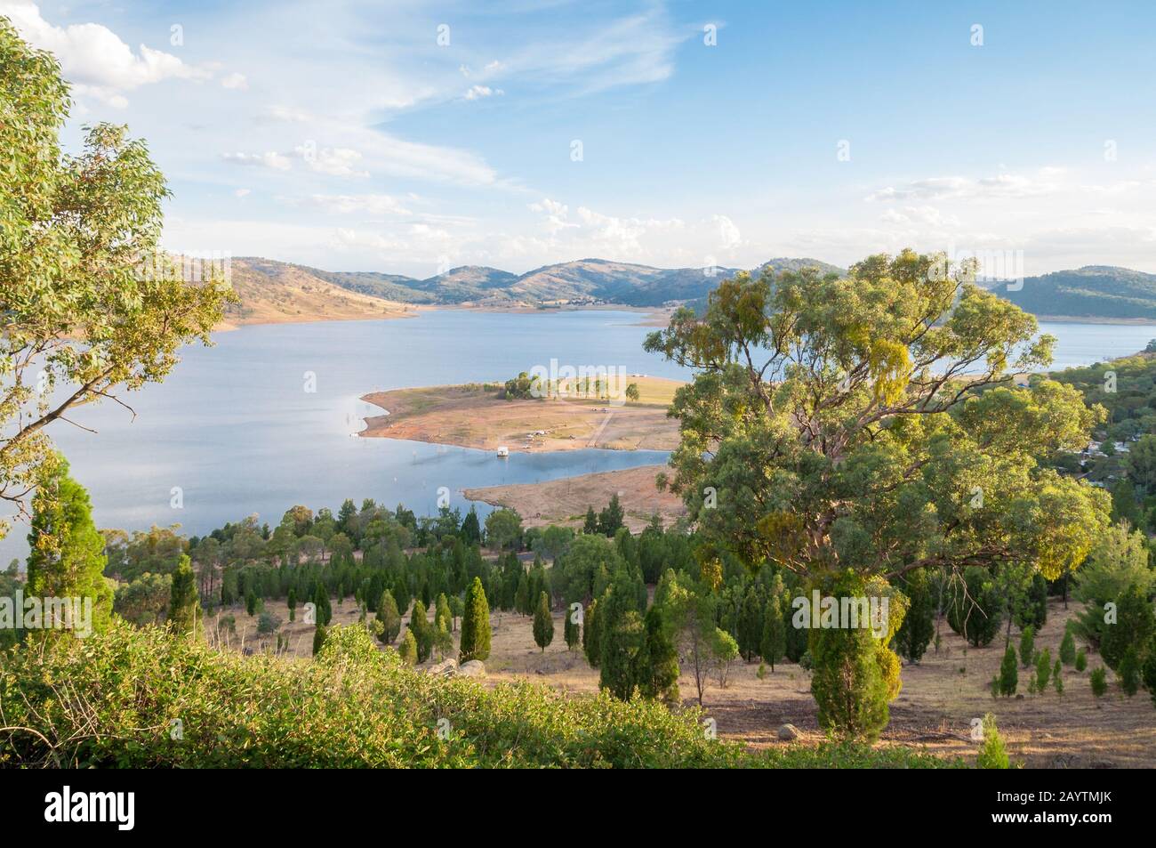 Beautiful landscape of lake with distant hills and forest. Australian ...